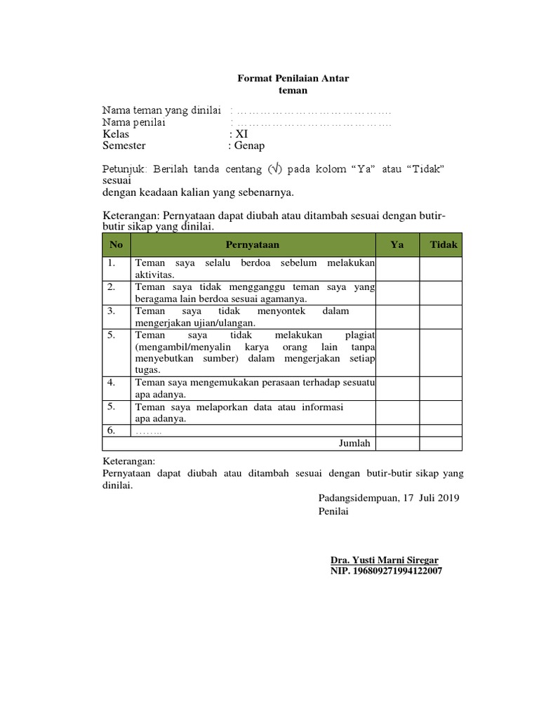 13.format Penilaian Antar Teman RPP 6 | PDF