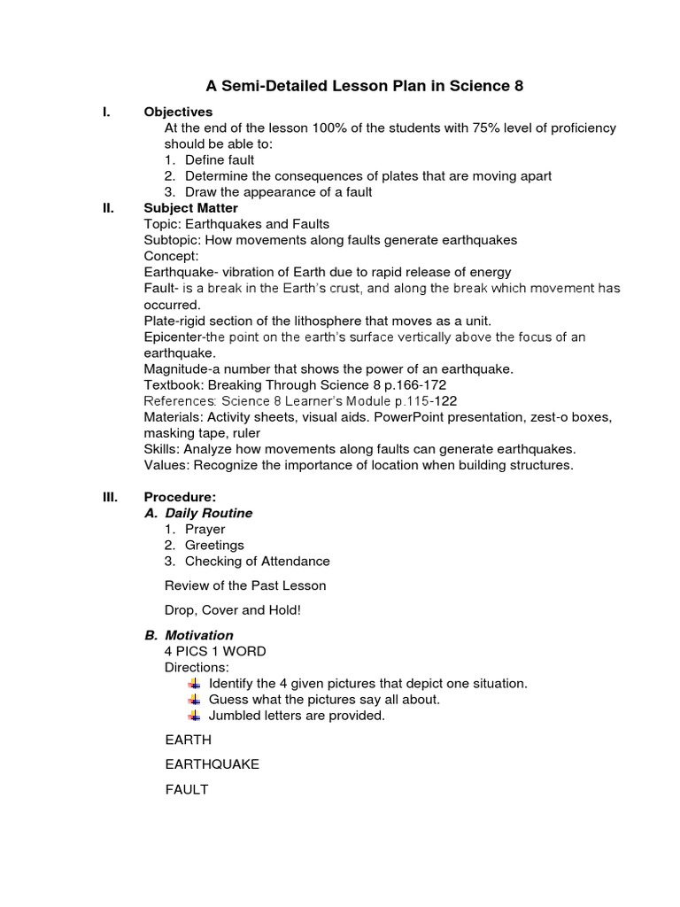A Semi-Detailed Lesson Plan in Earthquakes and Faults | PDF | Fault ...