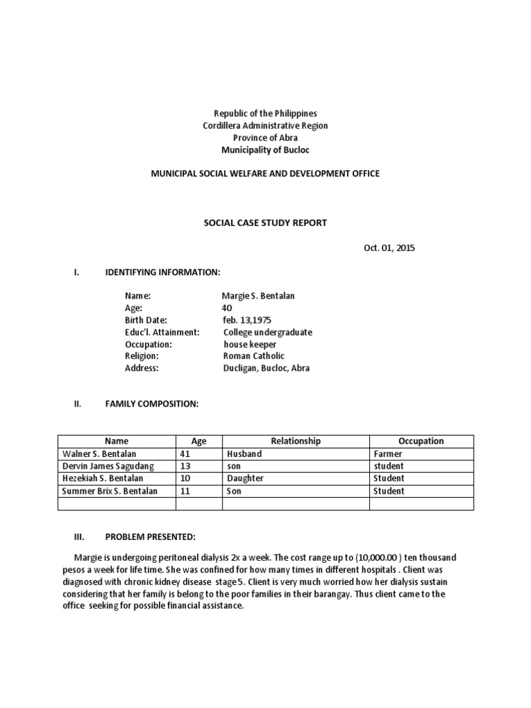 Social Case Study Report 1 WALNER BENTALAN | PDF | Dialysis | Wellness