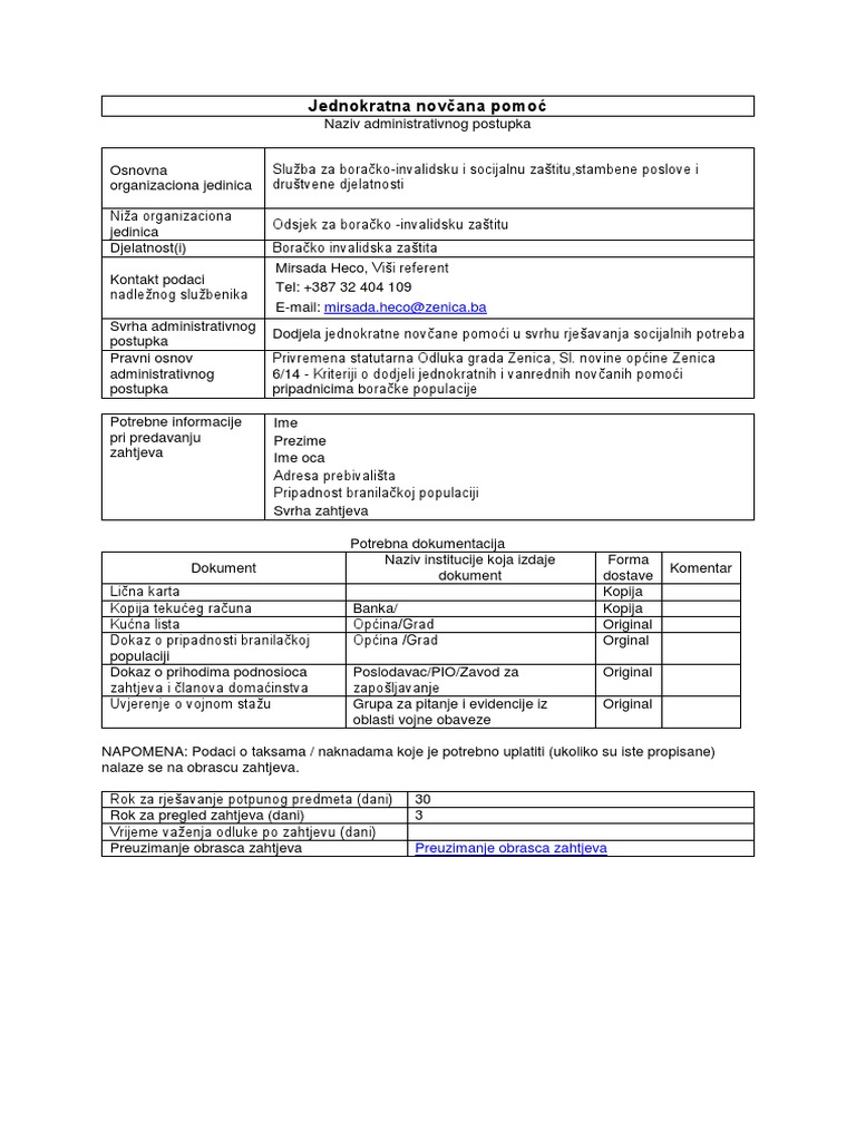 Jednokratna Novcana Pomoc | PDF