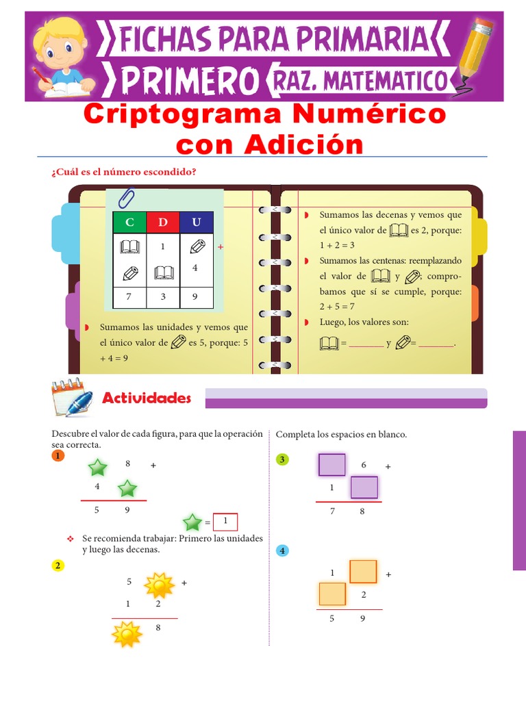 Criptograma Númerico Con Adiciones para Primero de Primaria | PDF | Matemática Elemental ...