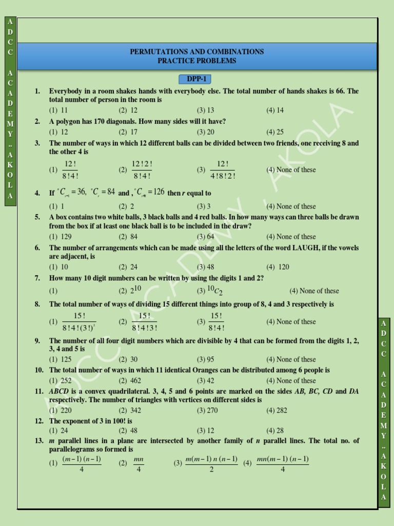 Permutations And Combinations Assignment Pdf Mathematical Concepts Algebra 7838