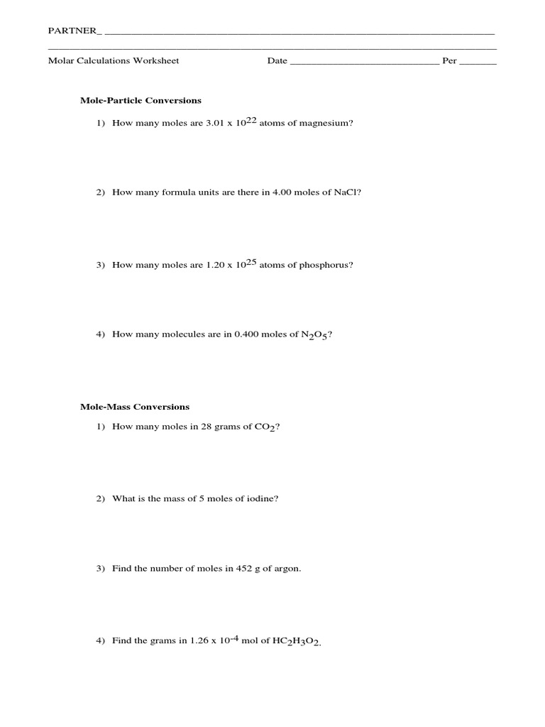 Molar Calculations Worksheet | PDF