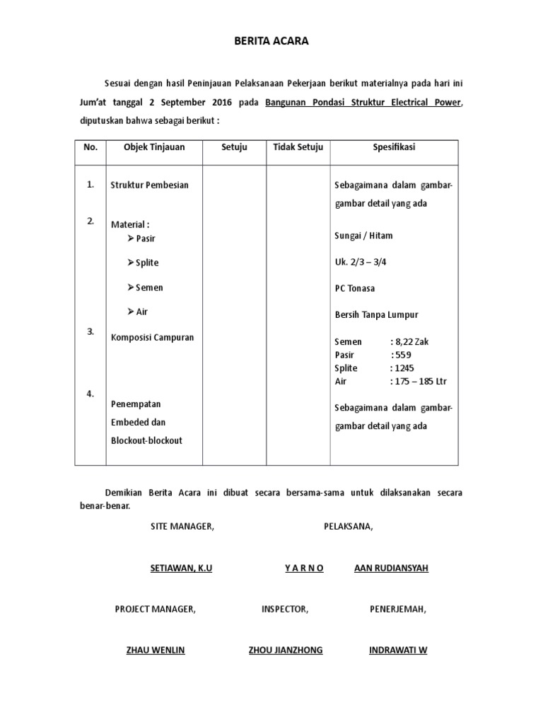 Berita Acara Persetujuan Pengecoran | PDF