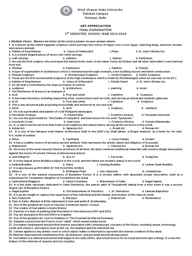 Art Appreciation Final Exam 2019-2020 | PDF | Sculpture | Abstract Art