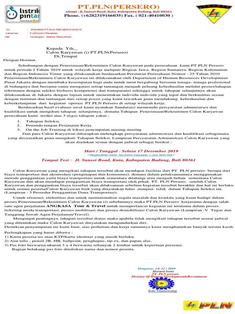 Surat Undangan Recruitment PT - PLN - DENPASAR | PDF
