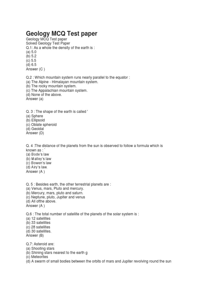 Geology MCQ Test Paper | PDF | Structure Of The Earth | Natural Satellite