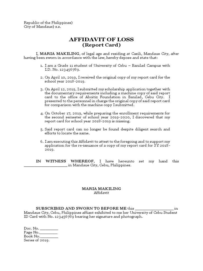Affidavit of Loss (Report Card) | PDF