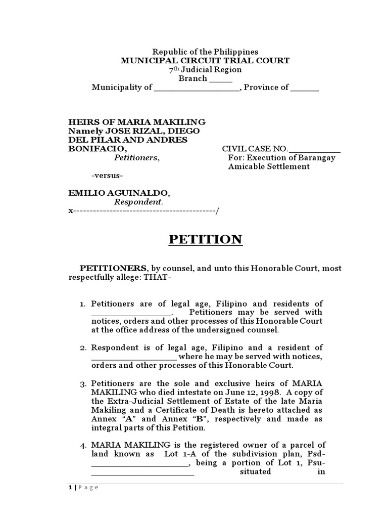 Petition For Execution of Barangay Amicable Settlement | PDF | Private ...