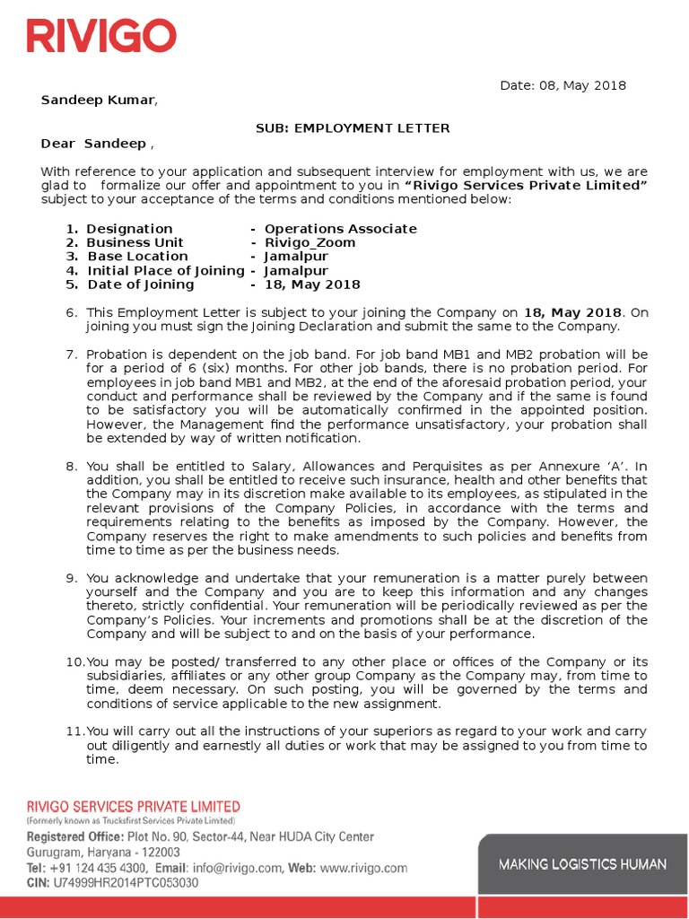 Sandeep Kumar - Offer Letter PDF | PDF | Employee Benefits | Indemnity