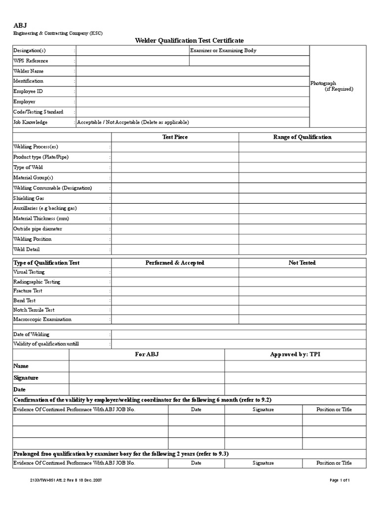 WPQ Form As Per En-287 | PDF | Welding | Construction