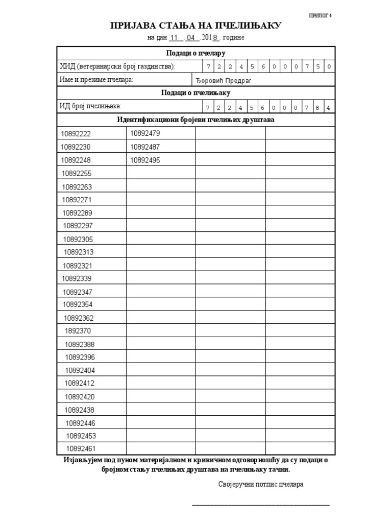 Obrazac prijave stanja na pcelinjaku popunjen