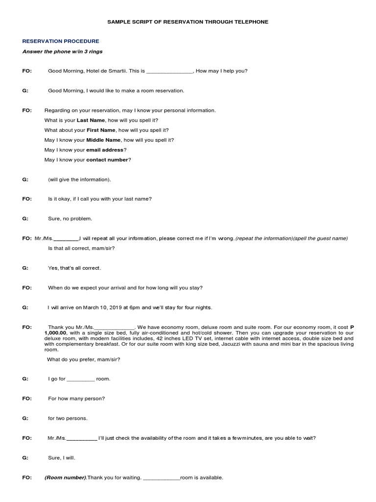 Sample Script of Reservation Through Telephone | PDF | Payments ...