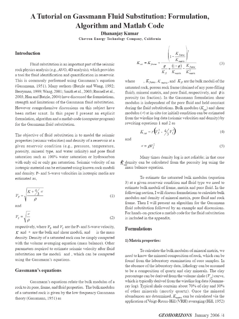 A Tutorial On Gassmann Fluid Substitution - Formulation, Algorithm and Matlab Code PDF | PDF