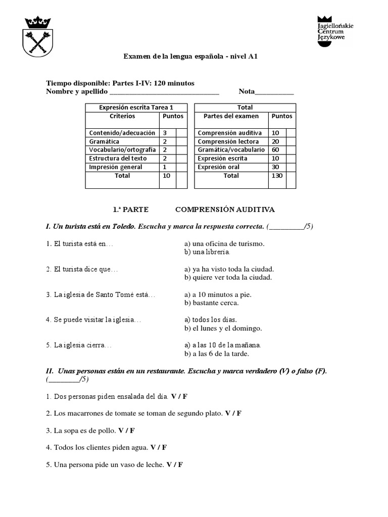 Examen de Español Nivel A1 PDF | PDF | Ocio