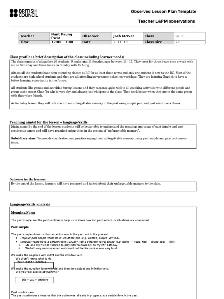 Lesson Plan For Simple Past Vs Past Continuous Tenses | PDF | Lesson ...