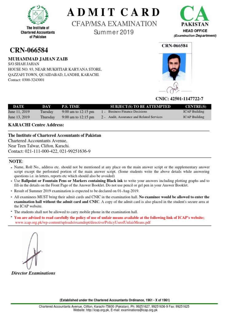 ICAP Admit Card | PDF | Business