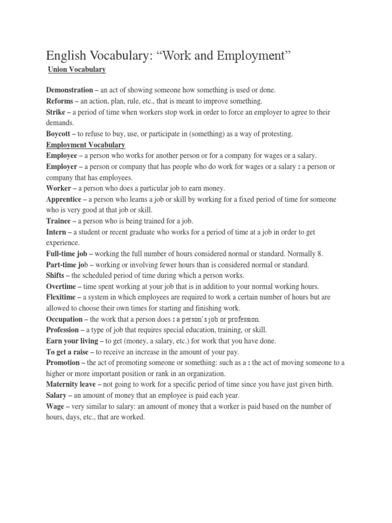 Work Vocabulary | PDF | Unemployment Benefits | Employment