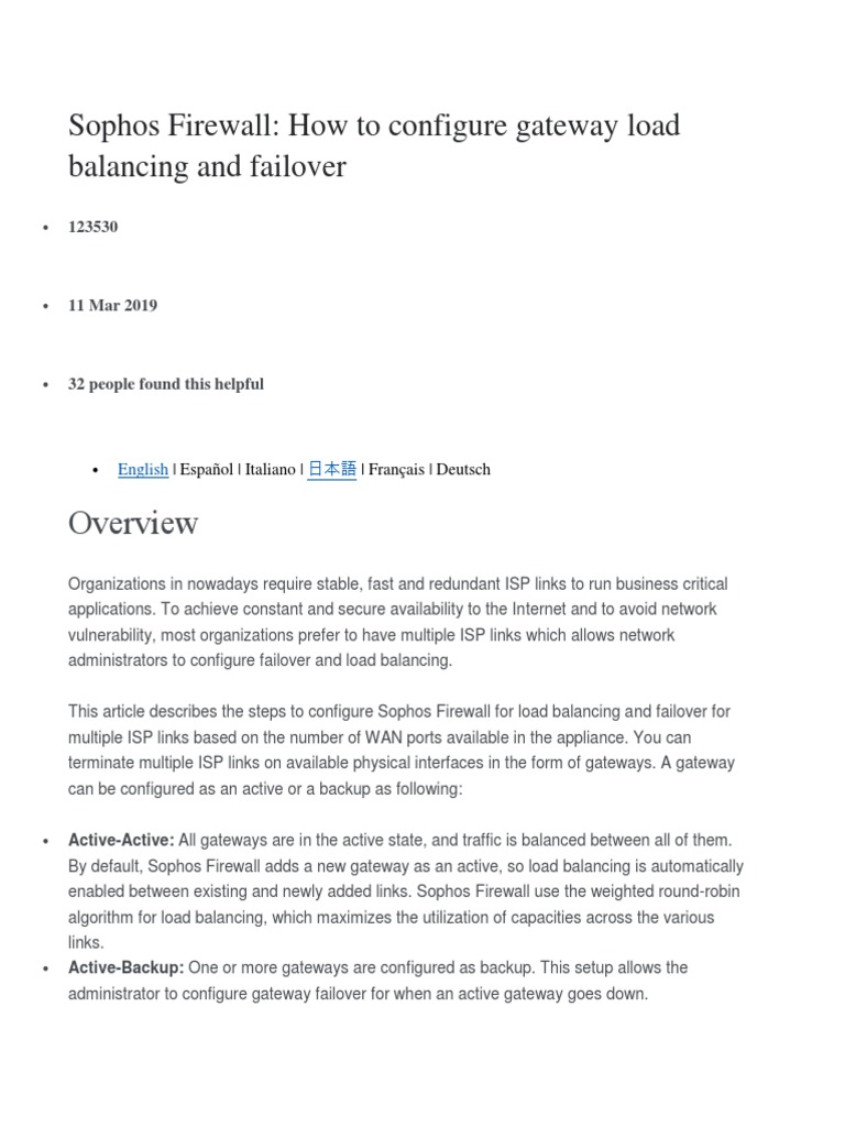 Sophos Firewall Load Baancing | PDF | Gateway (Telecommunications ...