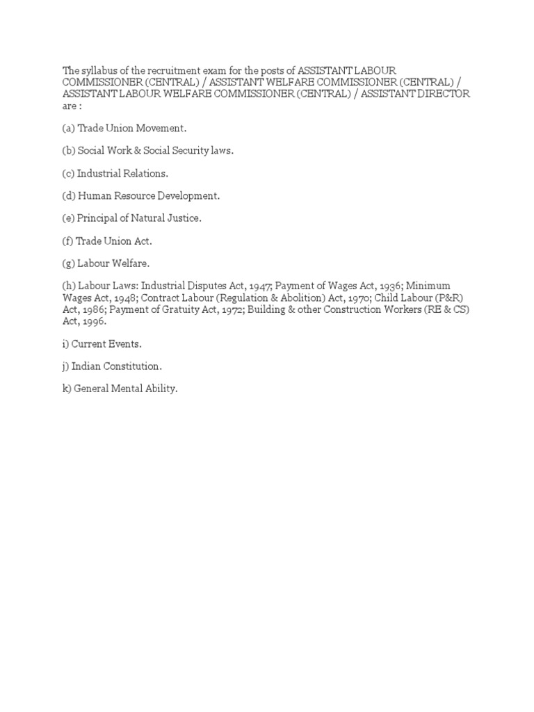 UPSC Assistant Labour Commissioner Syllabus | PDF | Trade Union | Test ...