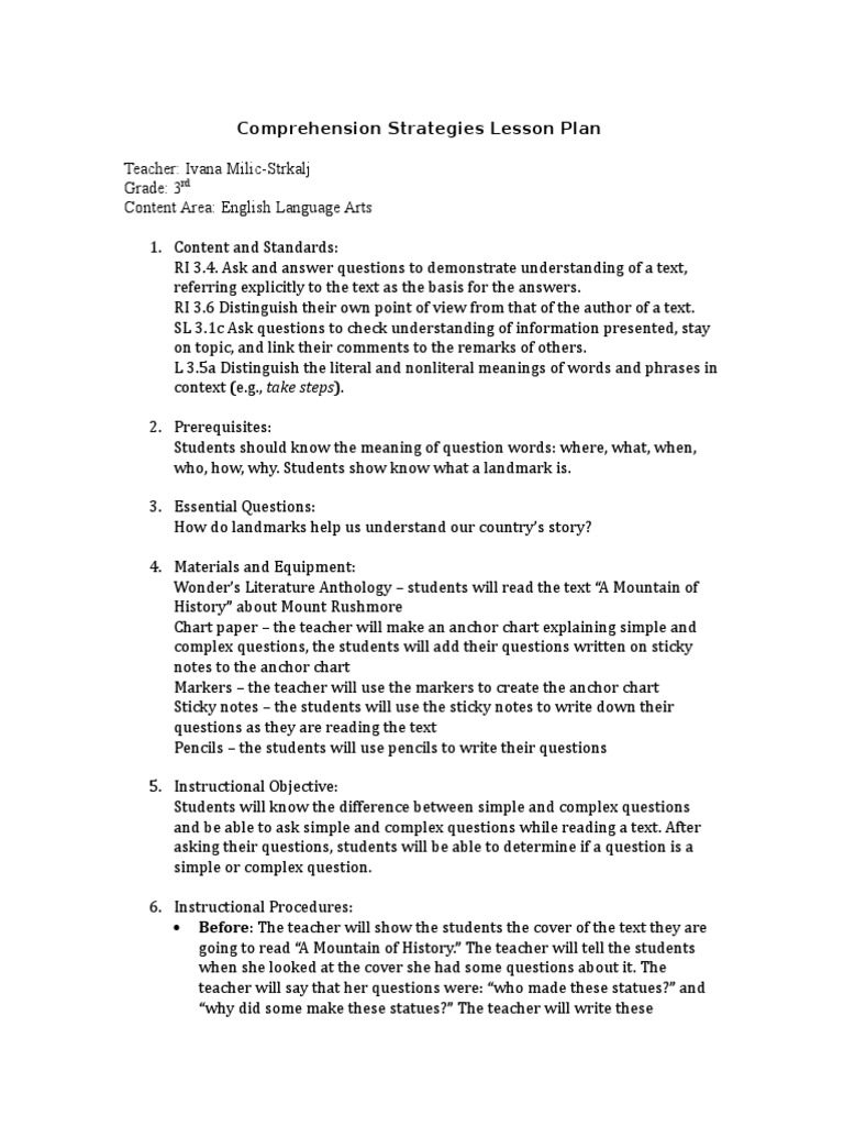Comprehension Strategies Lesson Plan | PDF | Question | Reading ...