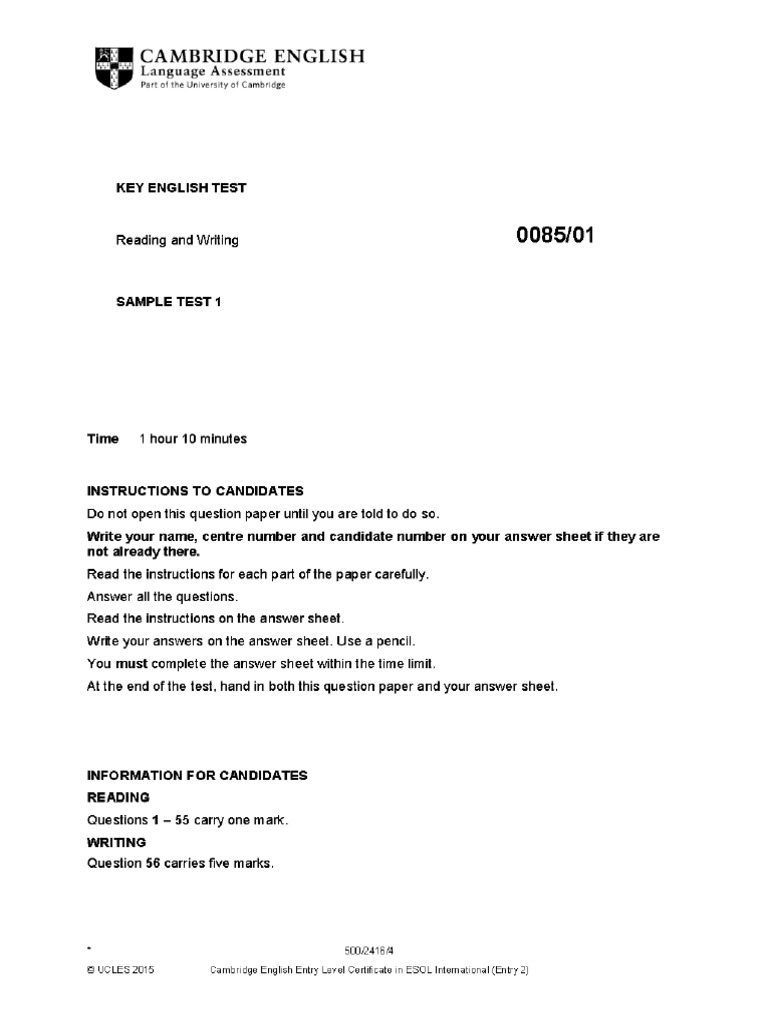 A2 Ket Sample Test | PDF