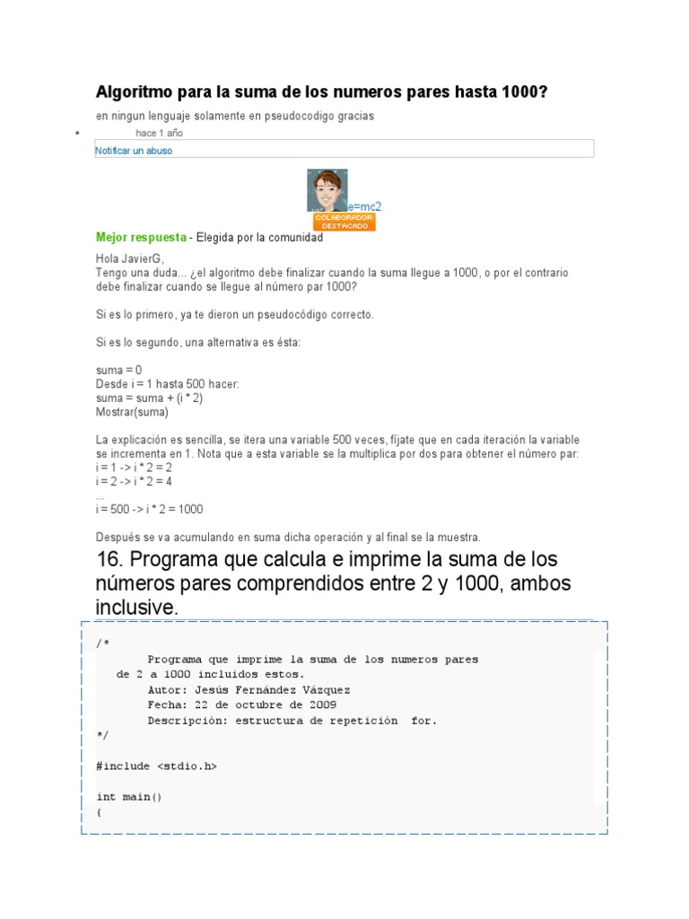 Algoritmo para La Suma de Los Numeros Pares Hasta 1000 | PDF