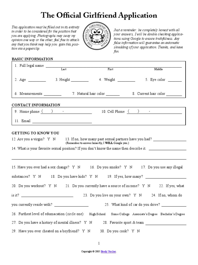 The Official Girlfriend Application: Basic Information | PDF