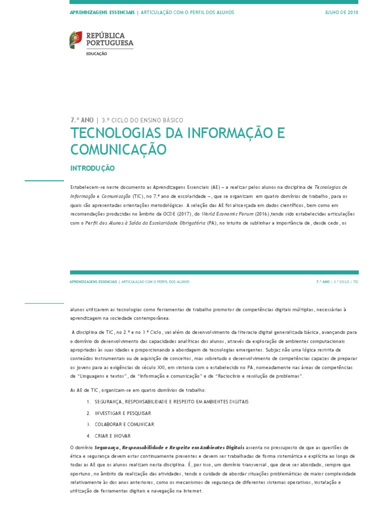 Aprendizagens Essenciais TIC 7º Ano | PDF | Comunicação | Imagem