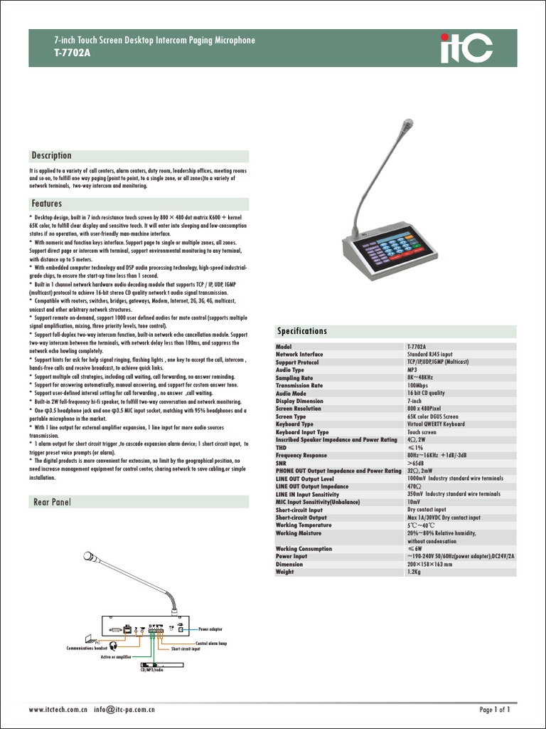 T-7702A Touch Screen Intercom Specs | PDF | Multicast | Microphone