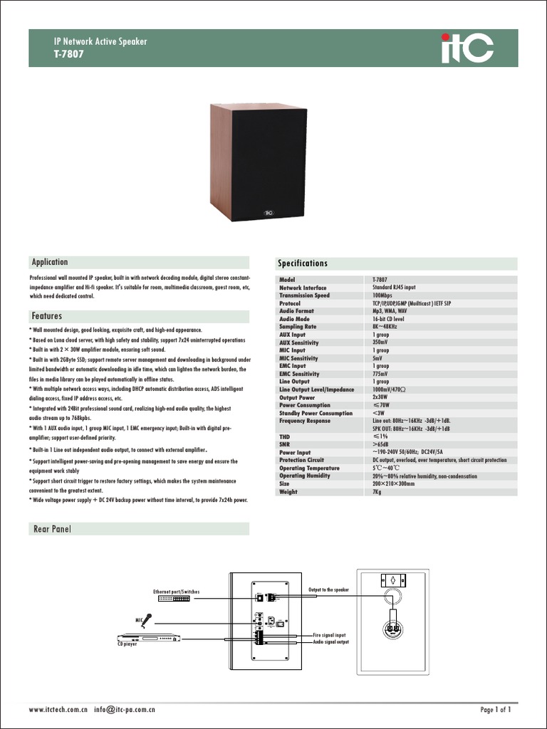 IP Network Active Speaker T-7807 Specs | PDF | Internet Protocol Suite ...