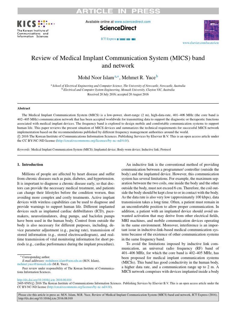 Review of Medical Implant Communication System (MICS) Bandand Network ...