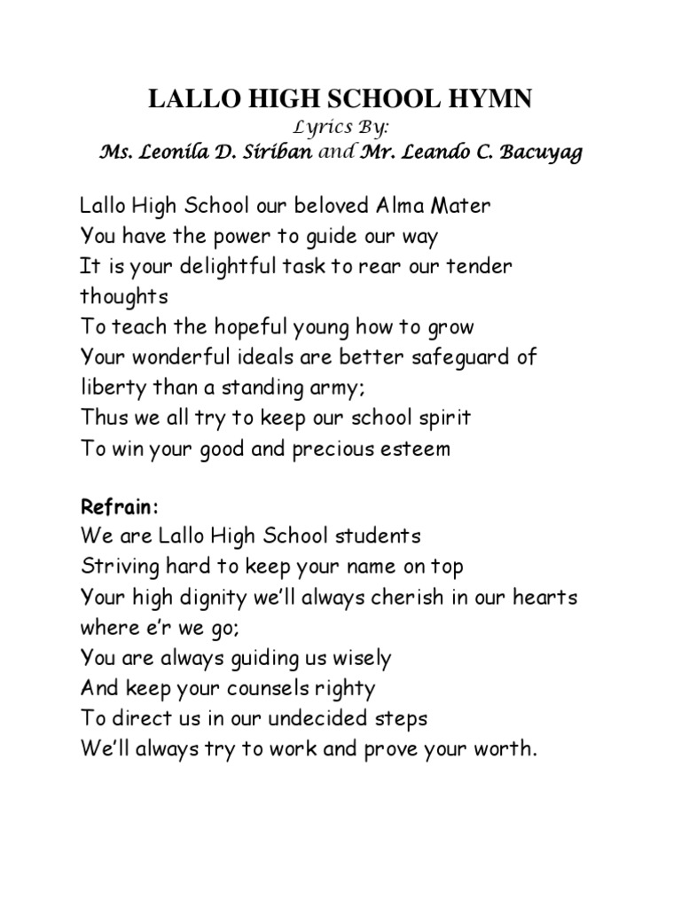 Lallo High School Hymn Lyrics | PDF