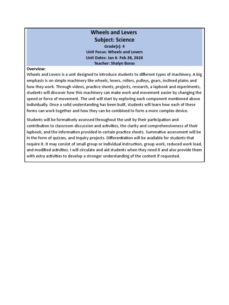 Wheels and Levers Unit Plan | PDF | Machines | Lever