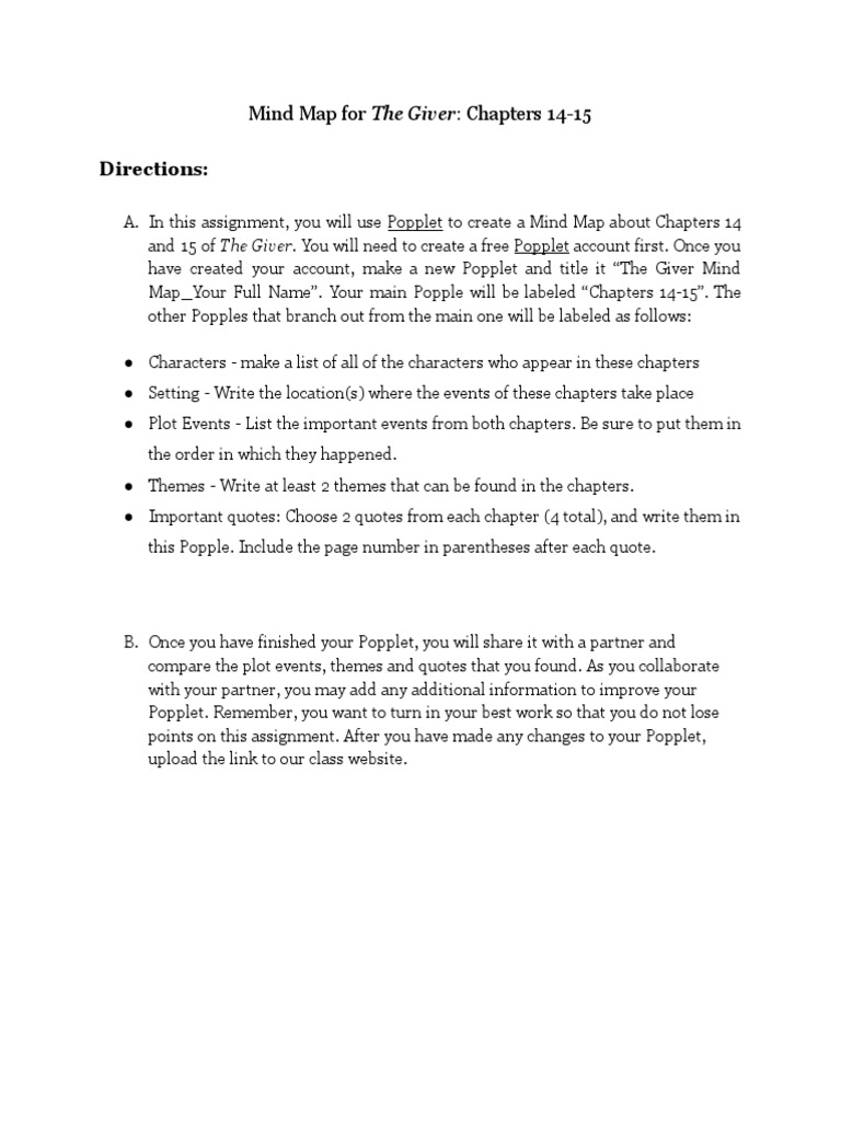 Mind Map Directions For The Giver | PDF