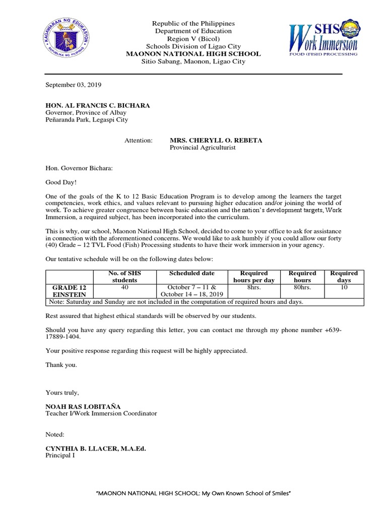 Request for Work Immersion Approval | PDF