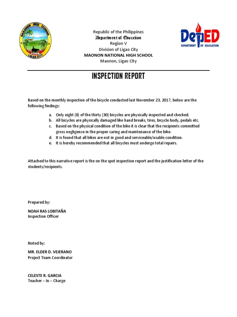 Bicycle Inspection Report - Maonon High School | PDF | Social Science