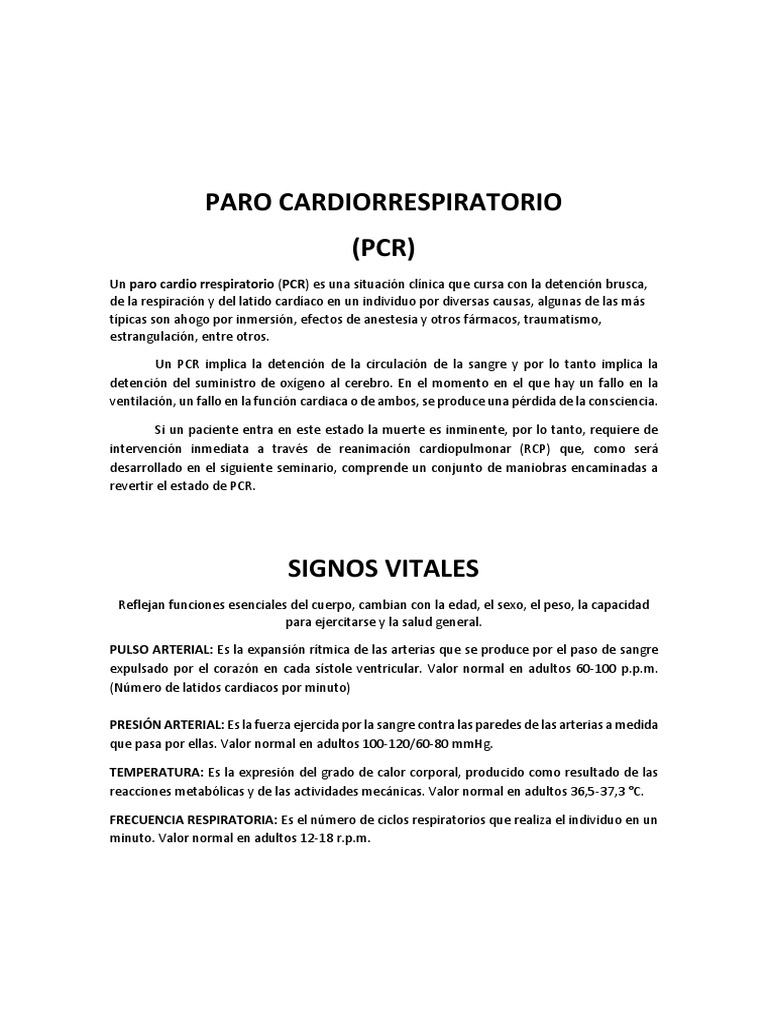 Paro Cardiorespiratorio | PDF | Paro cardíaco | Fisiología