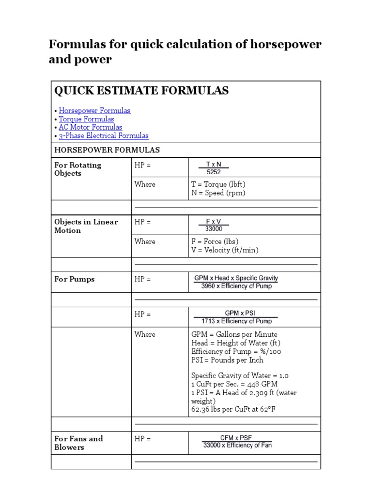 Formulas For Quick Calculation of Horsepower and Power | PDF ...