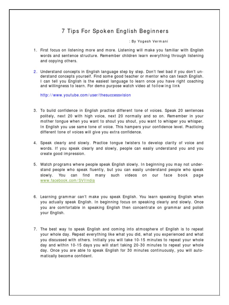 7 Tips For Spoken English Beginners | PDF | English Language | Linguistics