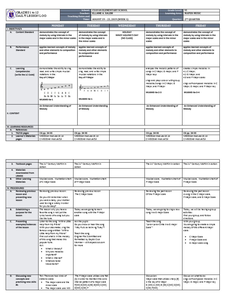 MAPEH Music Lesson Plan for Grade VI | PDF | Scale (Music) | Interval ...
