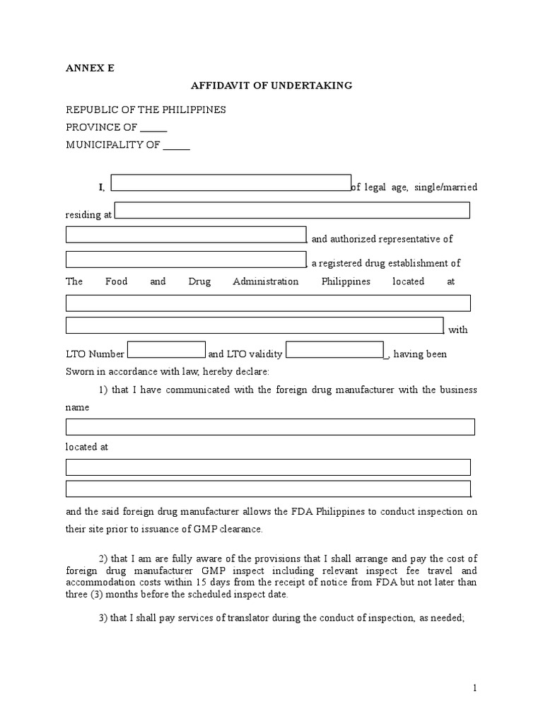 Annex E - Affidavit of Undertaking | PDF | Food And Drug Administration | Affidavit