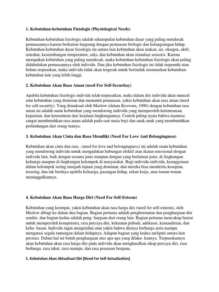 5 Teori Hierarki Kebutuhan Maslow | PDF