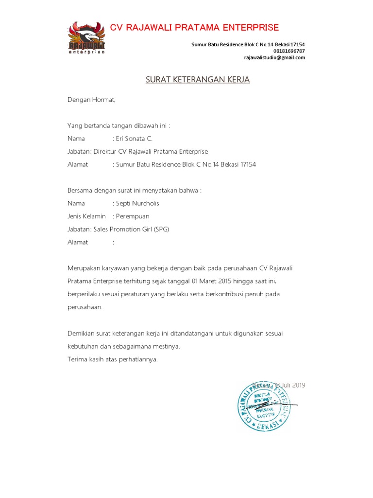 Surat Keterangan Kerja Septi 2 | PDF