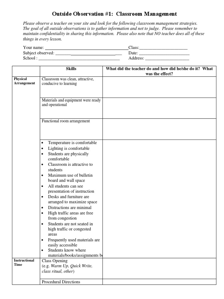 Management Observation Form | PDF | Classroom | Reinforcement