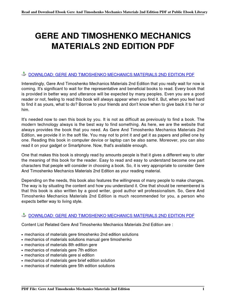 Gere and Timoshenko Mechanics Materials 2nd Editio | PDF | Books | E Books