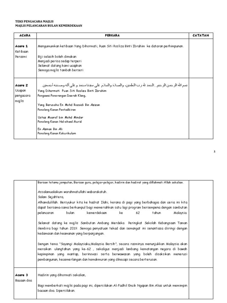 Teks Pengacara Majlis Pelancaran Bulan Kemerdekaan | PDF Teks Pengacara Majlis Pelancaran Bulan Kemerdekaan | PDF