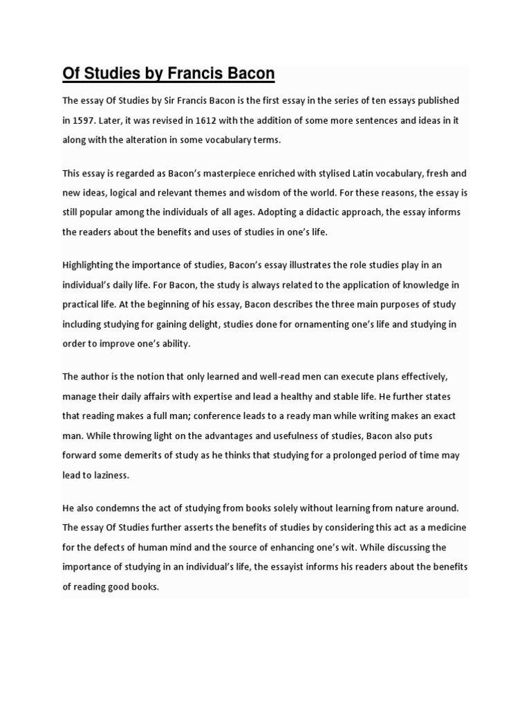 Of Studies by Francis Bacon | PDF | Francis Bacon | Essays