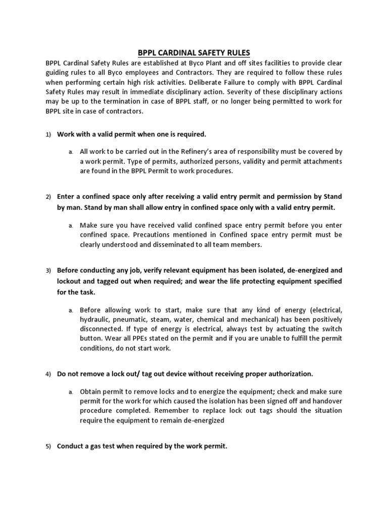 BPPL Cardinal Safety Rules 1 | PDF | Prevention | Safety