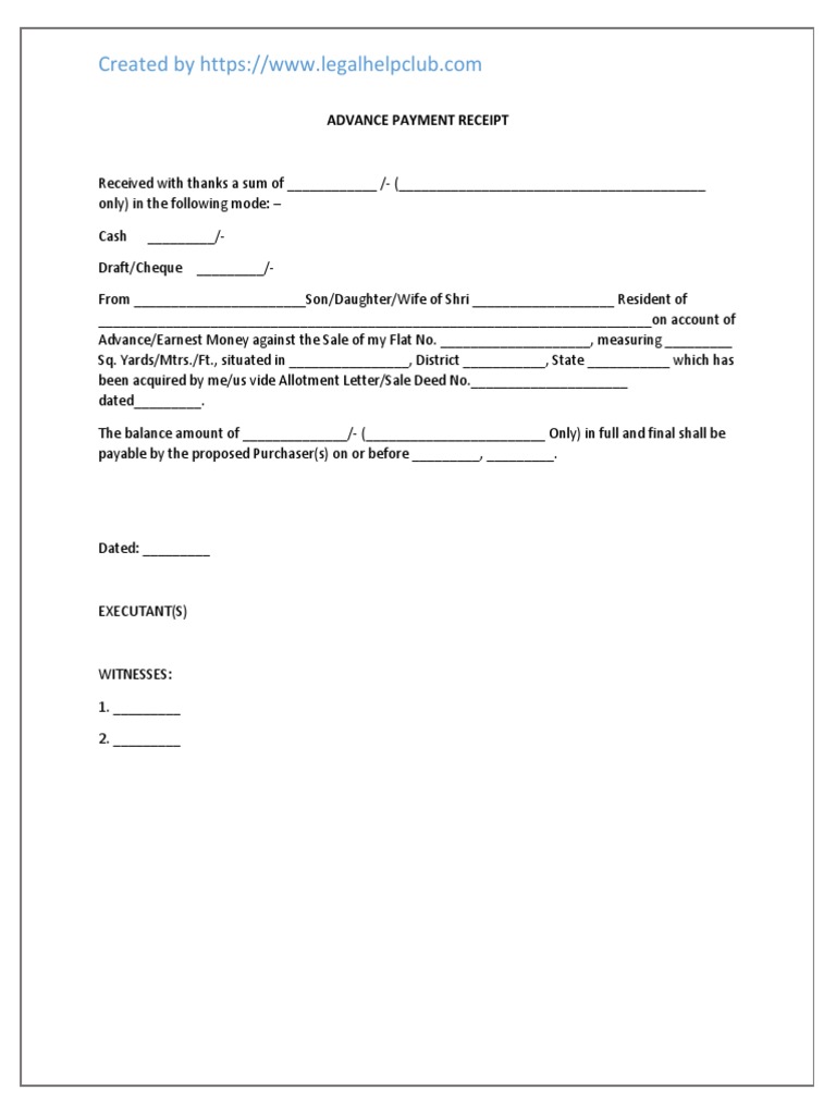 Money Receipt Format For Property Sale | PDF